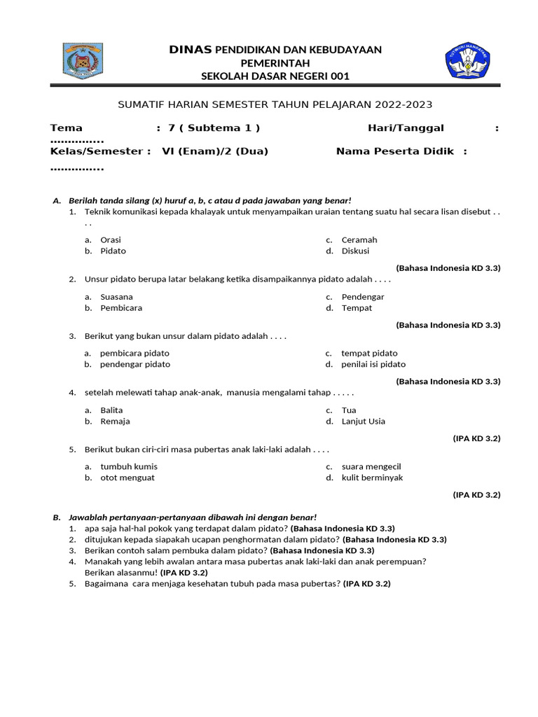 Soal Assesment Uh Kelas 6 Tema 7 Sub 1 | PDF