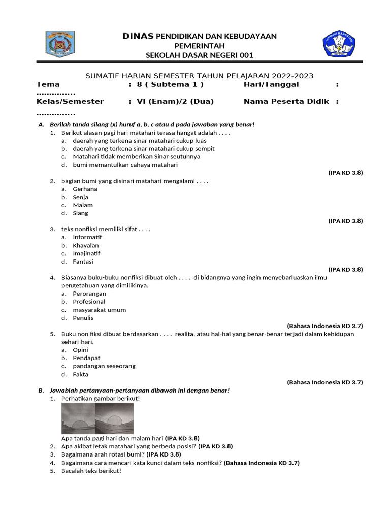 Soal Assesment Uh Kelas 6 Tema 8 Sub 1 | PDF