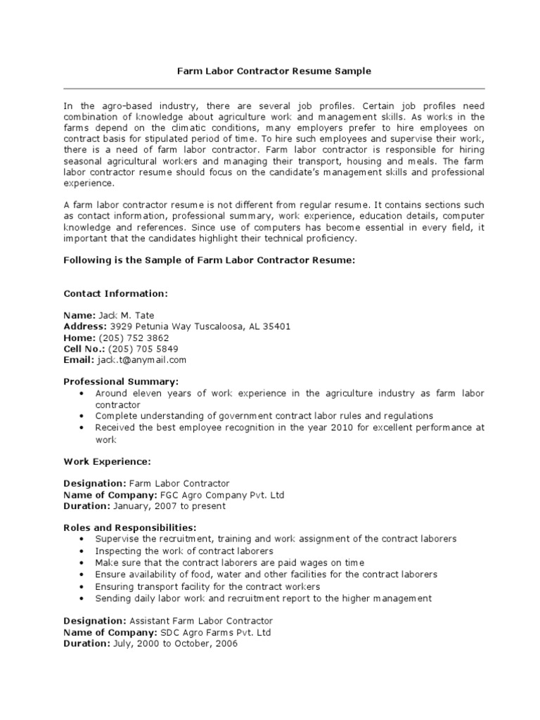 Farm Labor Contractor Resume | PDF | Independent Contractor | Résumé