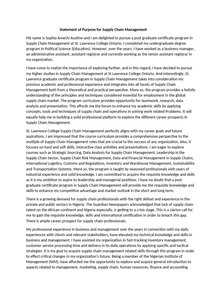 Statement of Purpose For Supply Chain Management | PDF | Supply Chain ...