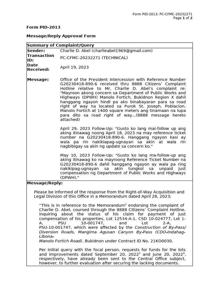 Form PID 2013 - PC-CFMC-20232271 | PDF | Deed | Title (Property)