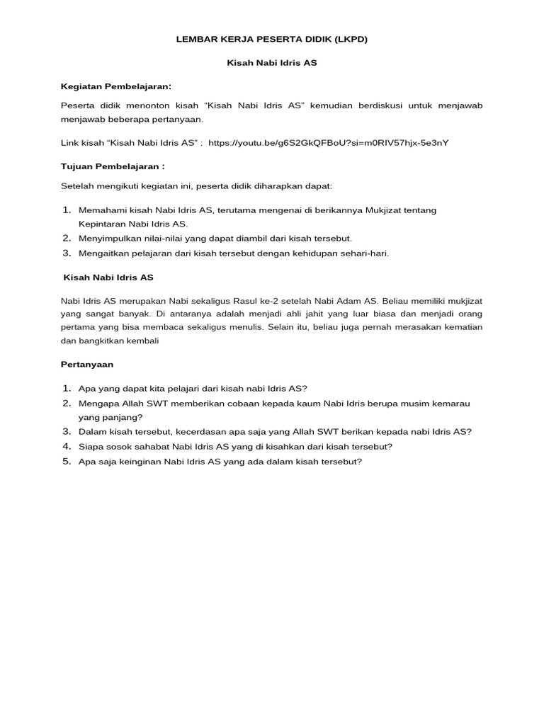 LKPD Kisah Nabi Idris AS untuk Siswa | PDF