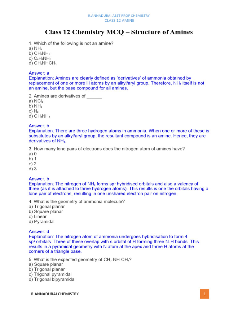 Class 12 Chemistry MCQ - Structure of Amines | PDF | Amine | Chemical Bond