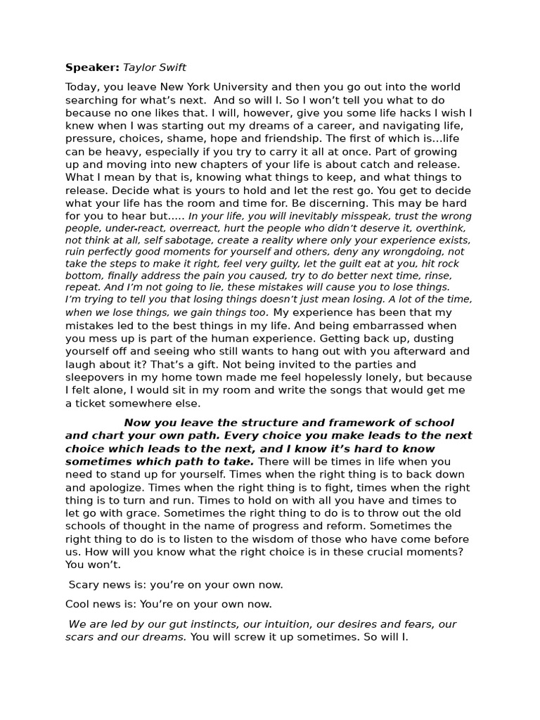 Taylor Swift's Graduation Life Lessons | PDF