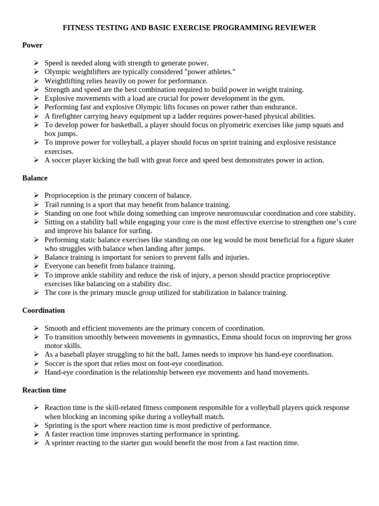 Fitness Testing and Basic Exercise Programming Reviewer | PDF | Balance ...