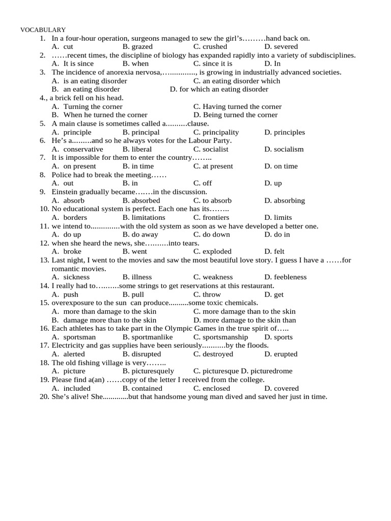 Vocabulary Practice Questions | PDF | Eating Disorder | Circulatory System