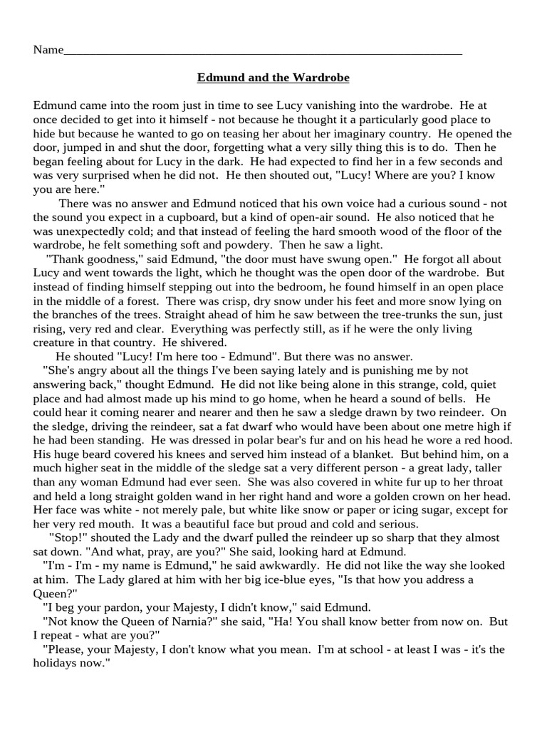 Year 1 The Lion The Witch and The Wardrobe | PDF | The Chronicles Of Narnia