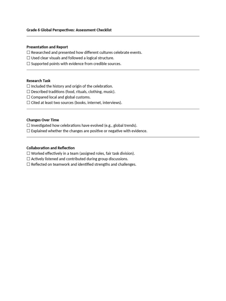Grade 6 Global Perspectives Checklist | PDF