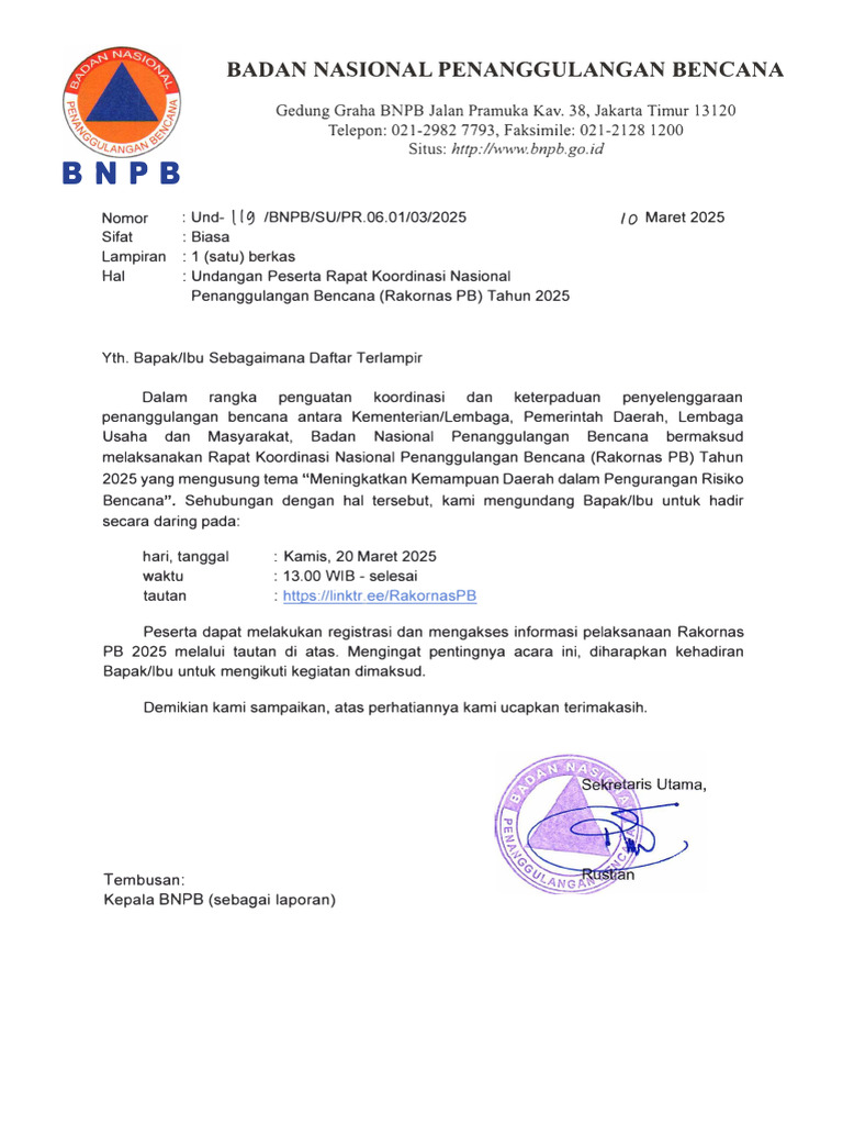 Und-119 Undangan Puncak Acara Rakornas PB 2025 | PDF