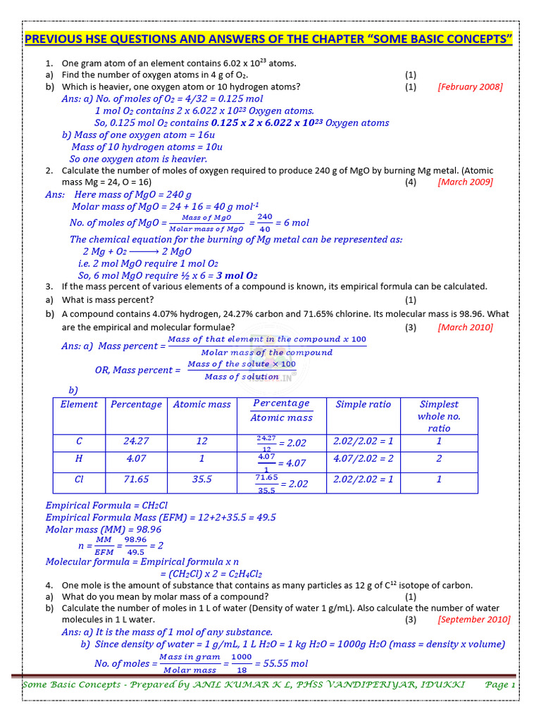 Hsslive-Xi-Qb-Key-1. Some Basic Concepts Q & A | PDF | Mole (Unit ...