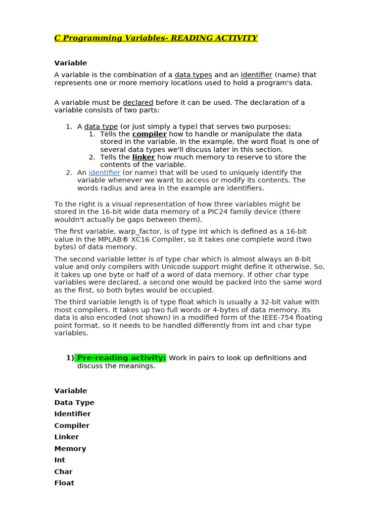 C Programming Variables Pdf Integer Computer Science Data Type