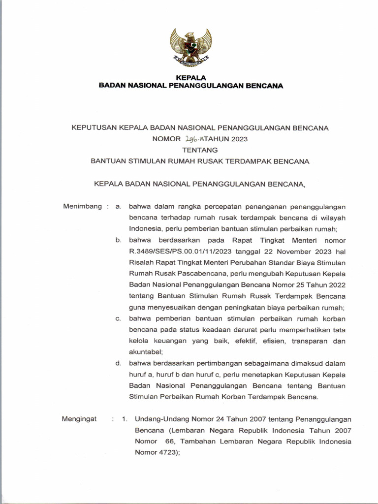 Panduan - Surat Keputusan Kepala Badan Nasional Penanggulangan Bencana Nomor 296a Tahun 2023 ...