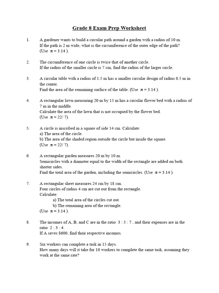 Grade 8 Maths Exam Preparation Worksheet | PDF | Area | Circle