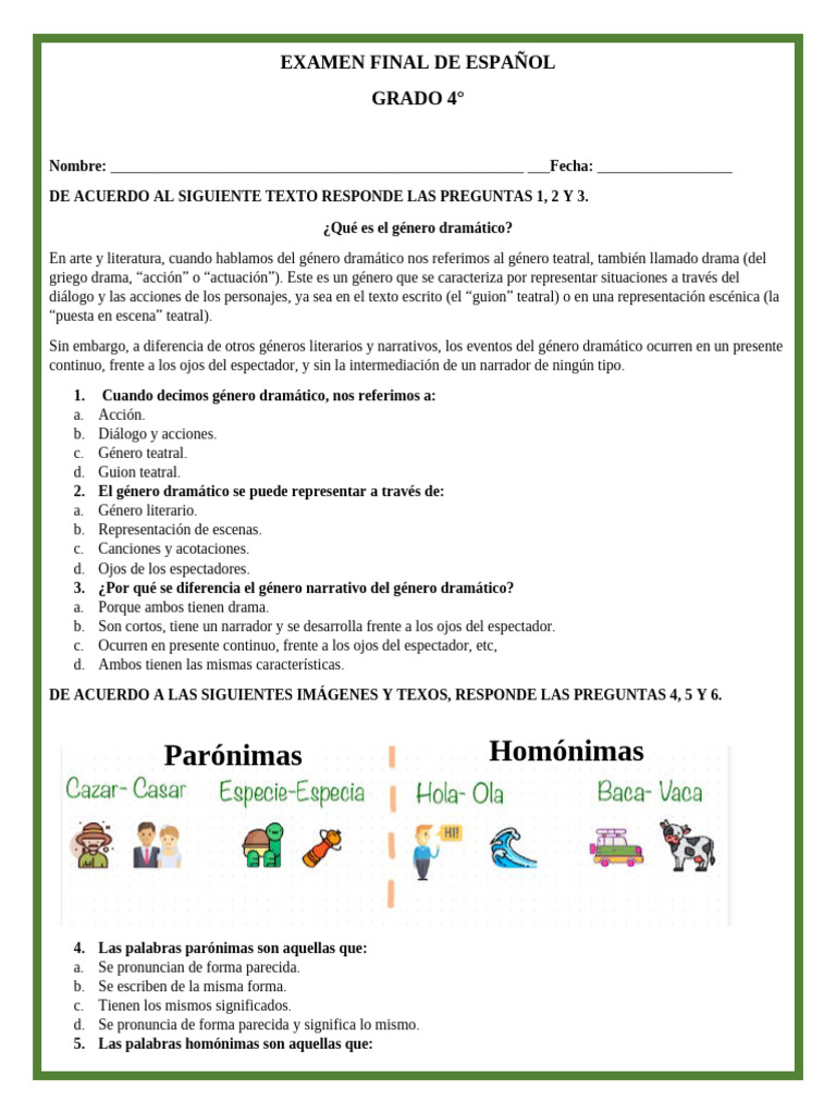 Examen Final de Español para 4° y 5° Grado | PDF | Pronombre | Maíz