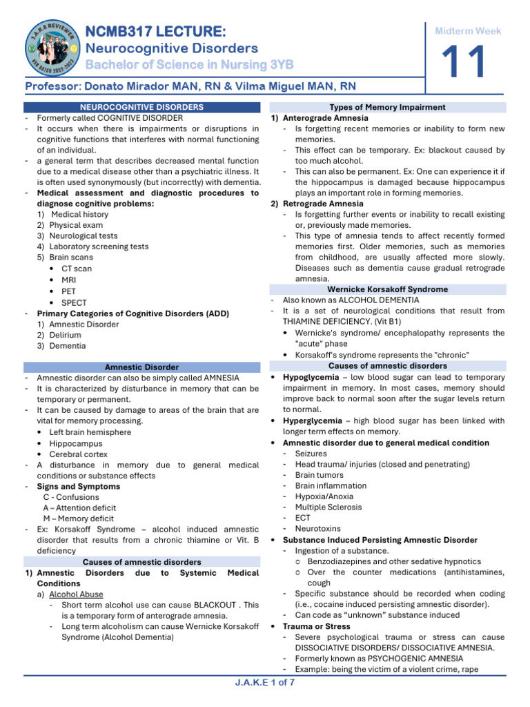 WK11 - Neurocognitive Disorders | PDF | Dementia | Dissociation (Psychology)