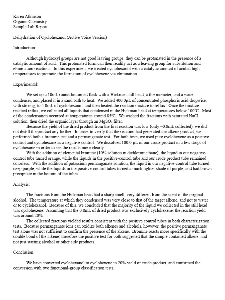 CHM-201 Sample Lab Report | PDF | Alkene | Chemical Reactions