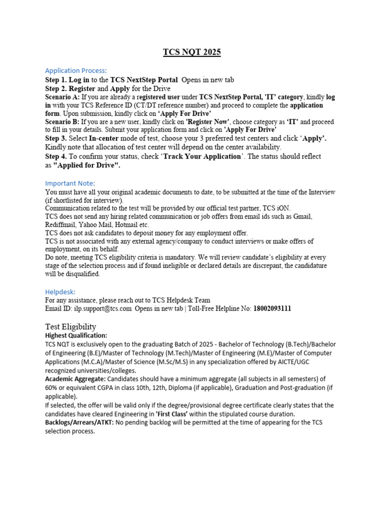 TCS NQT - Eligibility and Registration Process | PDF | Academic Degree | Bachelor's Degree