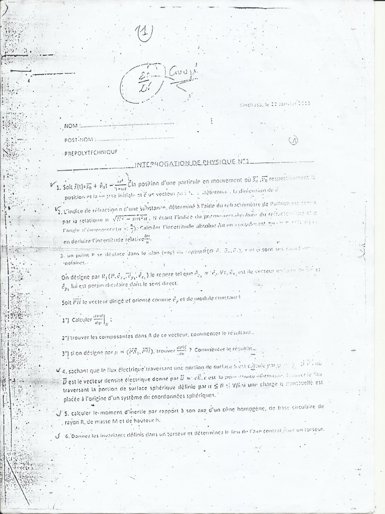 Interro N°1 de Physique 2012 Serie 2 | PDF