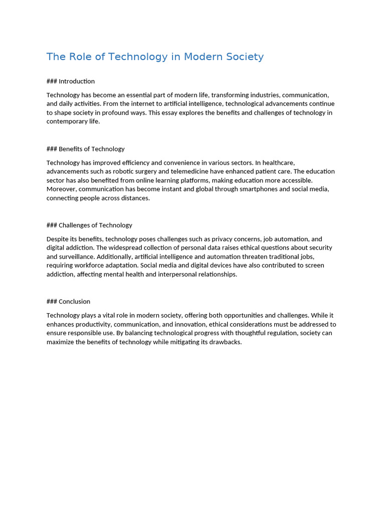 The Role Of Technology In Modern Society Pdf