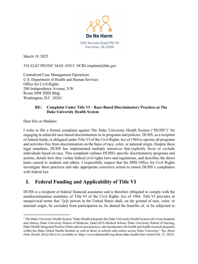 Duke Health System Discrimination Complaint | PDF | Race (Human ...