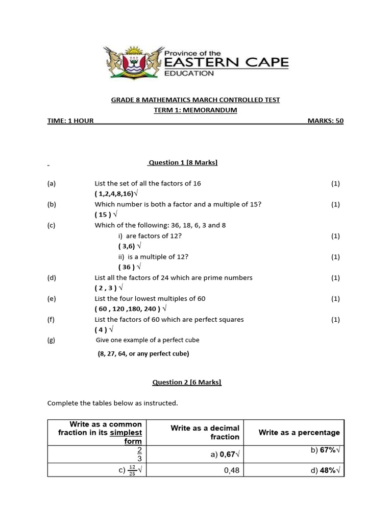 Grade 8 Mathematics March Controlled Test Memorandum-1 | PDF | Square ...