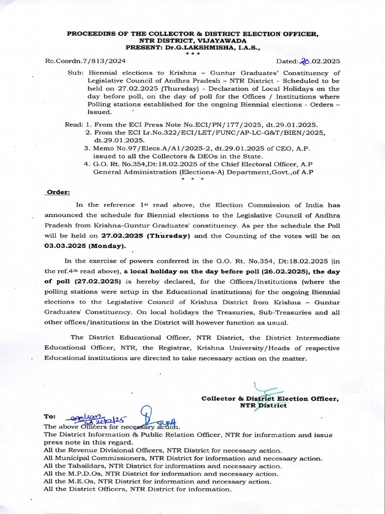 Declaration of Local Holidays On 26.02.2025 and 27.02.2025 For The Institutions Where Polling ...