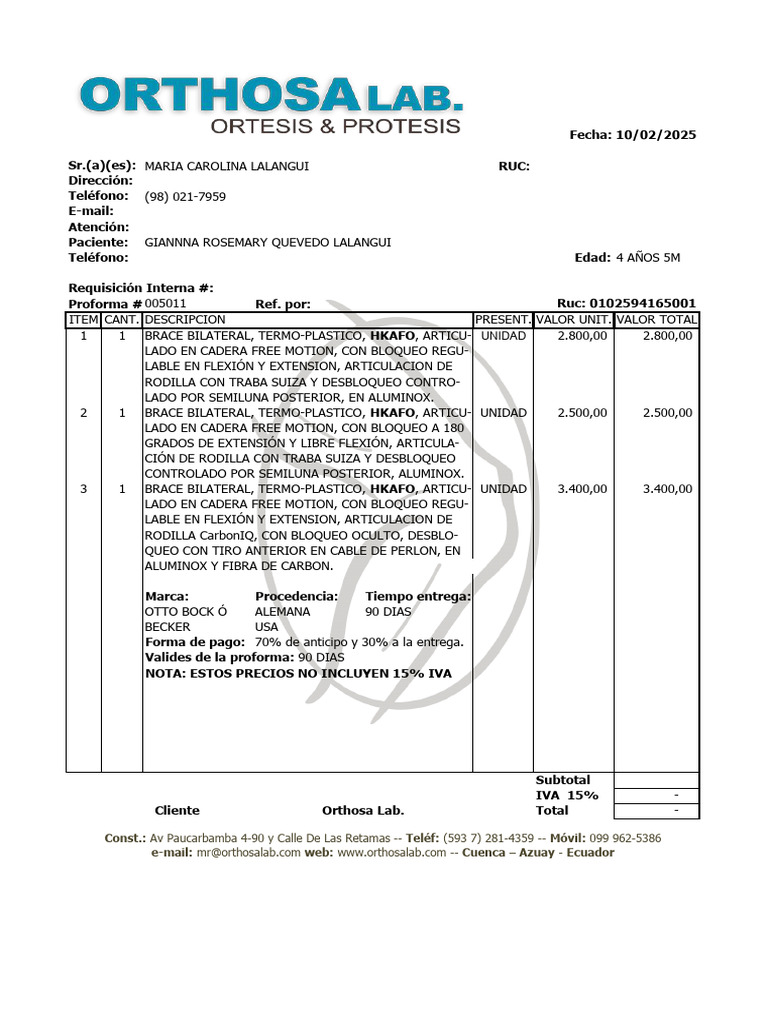 Proforma de Braces Bilaterales HKAFO | PDF