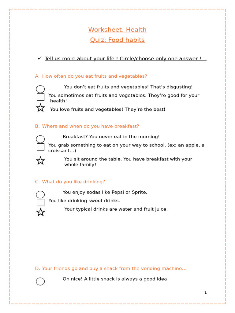 Food Habits Health Quiz Worksheet | PDF
