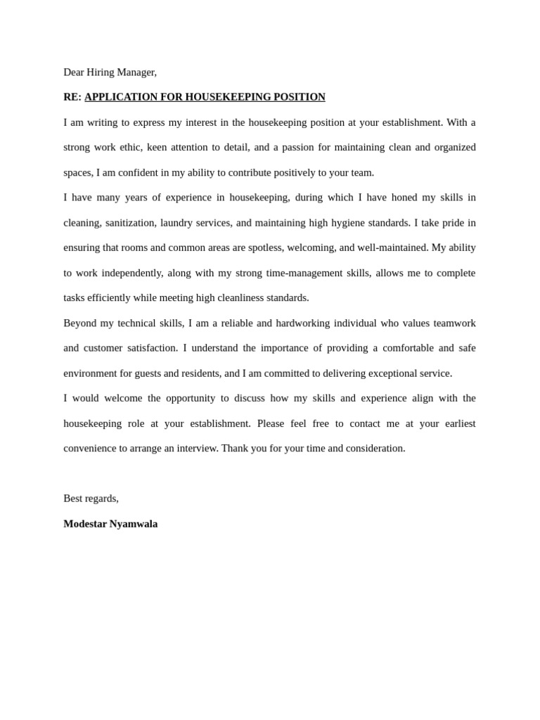 Housekeeping Position Application Letter | PDF