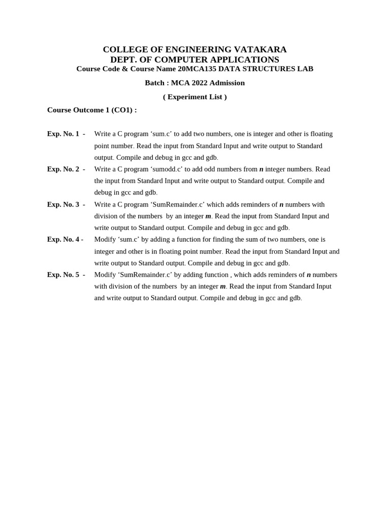 Experiment List CO1 | PDF