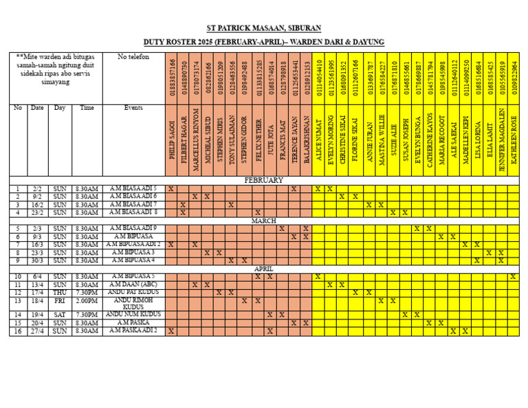 Jadual Bertugas Warden 2025 Phase 1 | PDF