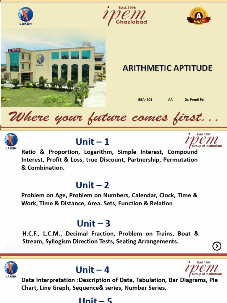 Arithmetic Aptitude Bba V 501 - Unit I | PDF | Interest | Ratio