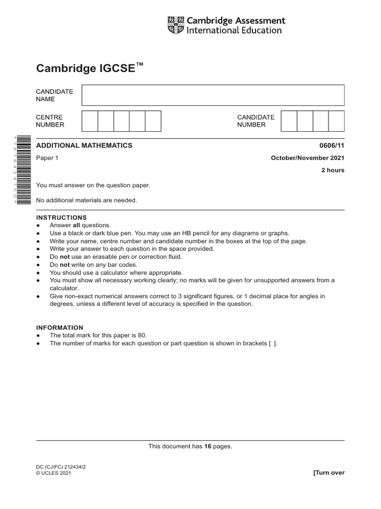 Cambridge IGCSE: Additional Mathematics 0606/11 | PDF | Numbers ...