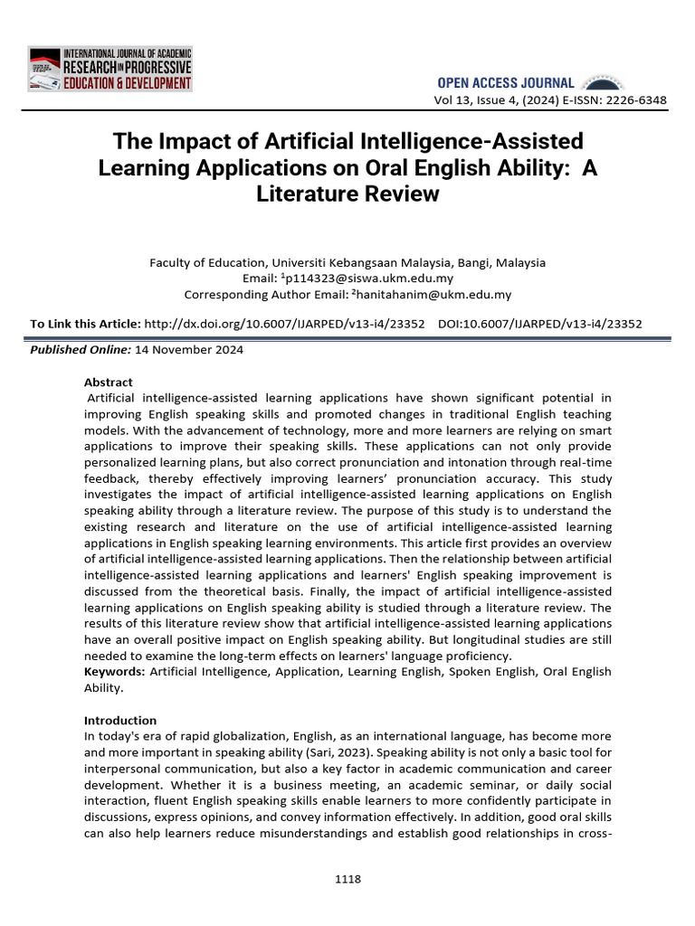 The Impact of Artificial Intelligence Assisted Learning Applications On Oral English Ability A ...