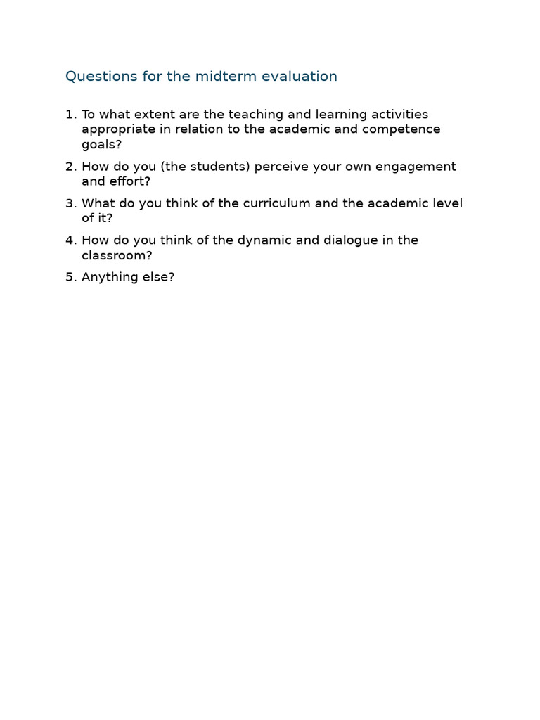 Questions for the Midterm Evaluation | PDF