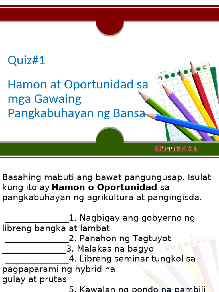 Quiz#1 Hamon at Oportunidad Sa Mga Gawaing Pangkabuhayan NG Bansa | PDF