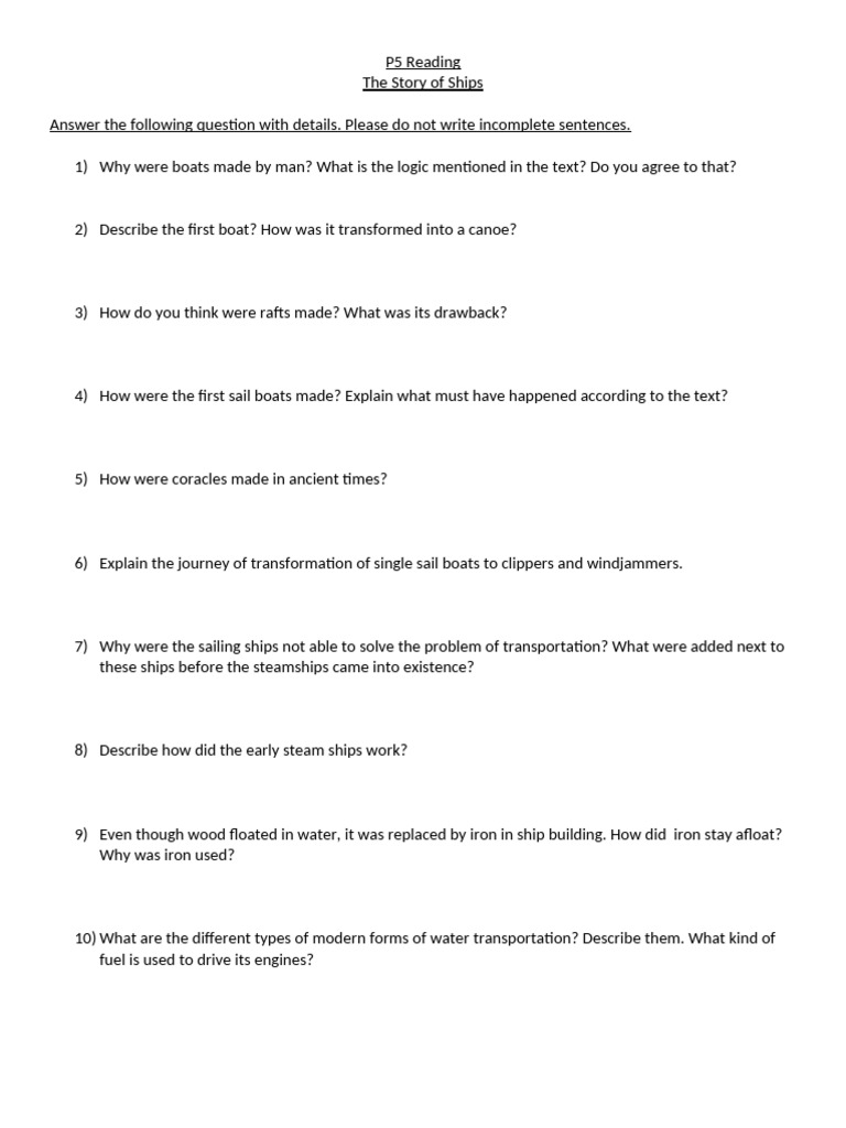 p5 Reading Worksheet Story of Ships | PDF