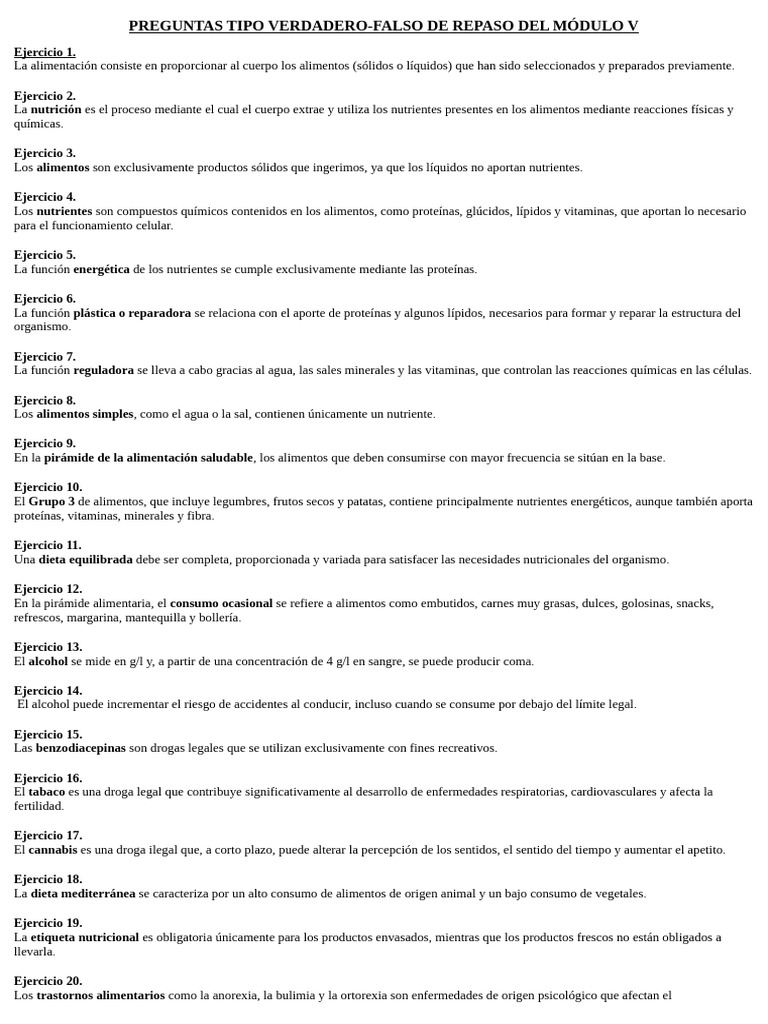 Actividades de Repaso Del Módulo V-Verdadero-Falso-Sin Soluciones | PDF | Fuerza | Alimentos