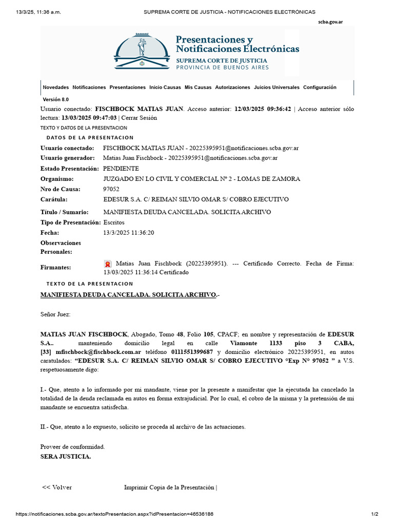 Manifiesta Deuda Cancelada Reiman | PDF