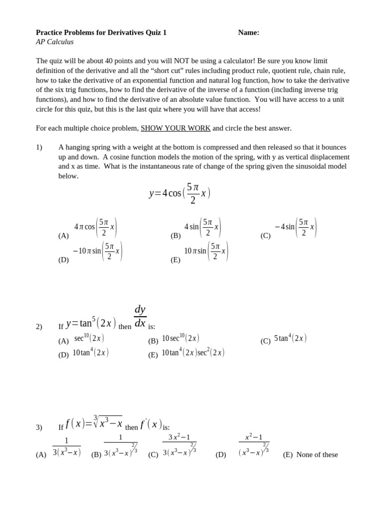 Derivatives Quiz Practice Problems | PDF | Function (Mathematics ...