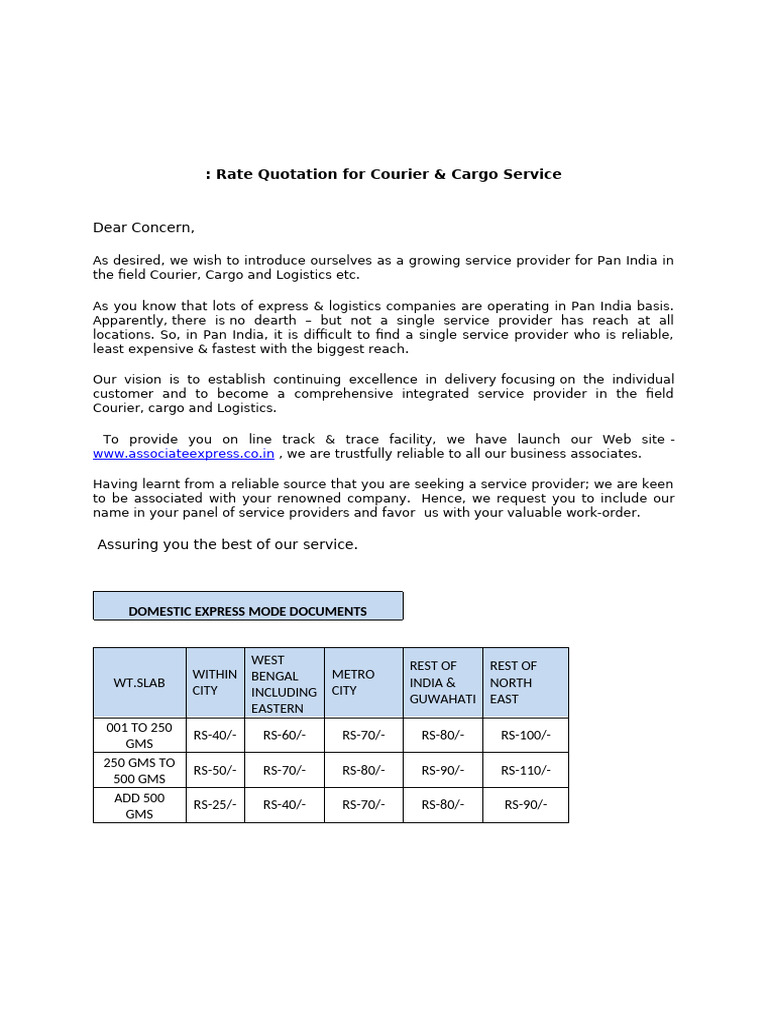 Courier & Cargo Service Rate Quotation | PDF | Service Industries