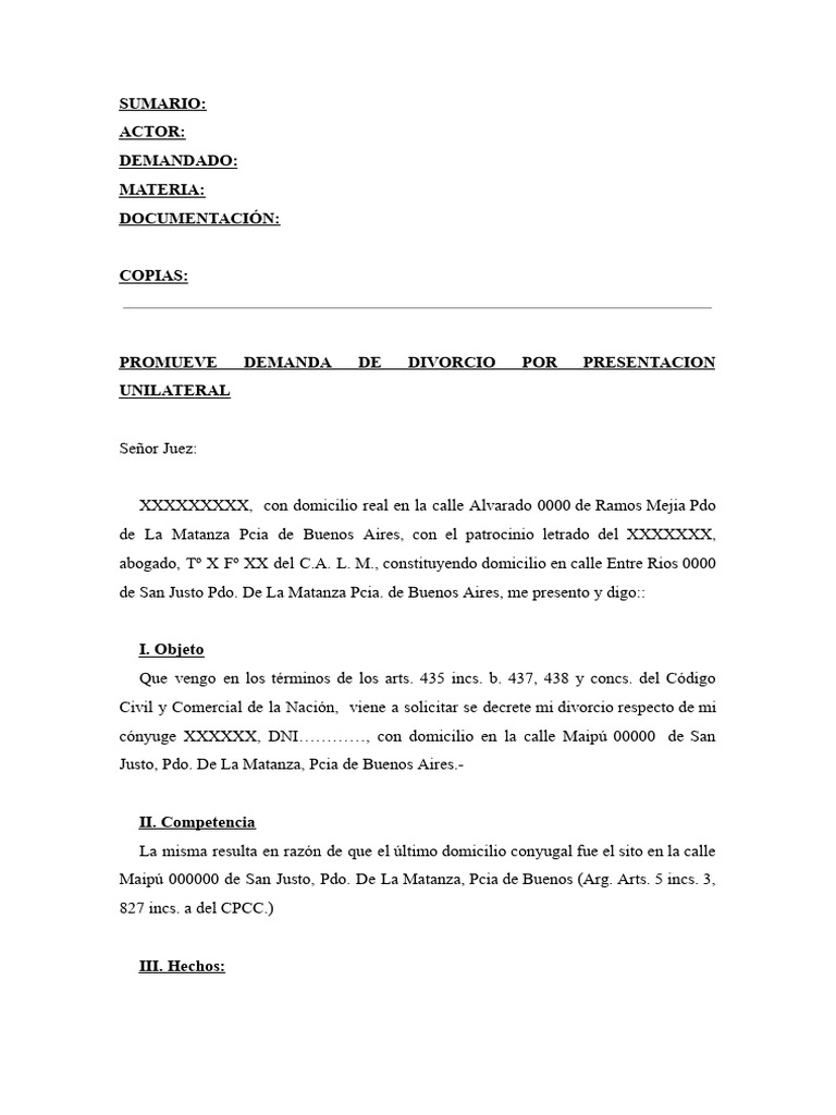 MODELO DE DEMANDA DE DIVORCIO UNILATERAL - RTF - Documentos de Google | PDF | Divorcio | Matrimonio