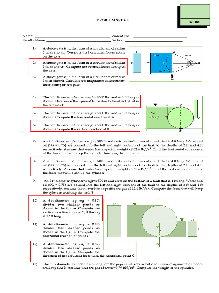 Fluid Mechanics Problem Set #3 | PDF | Force | Liquids