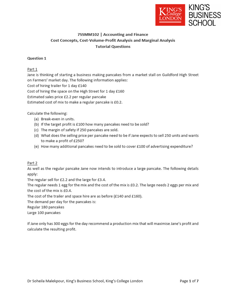 Cost Concepts, CVP Analysis and Marginal Analysis - Tutorial Questions | PDF | Profit (Economics ...