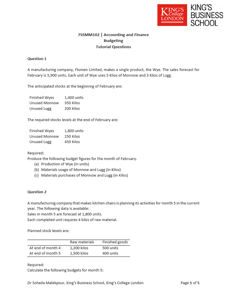 Budgeting - Tutorial Questions | PDF | Budget | Business
