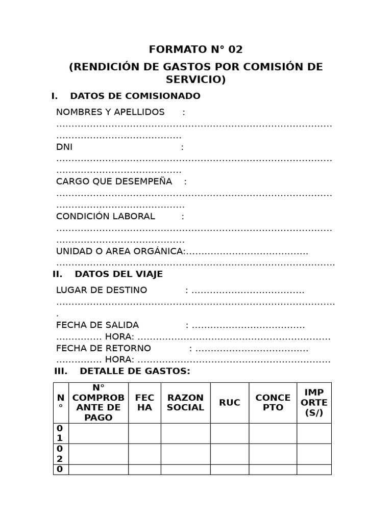 Formato N 02 Rendición de Gastos en Comisión de Servicio | PDF