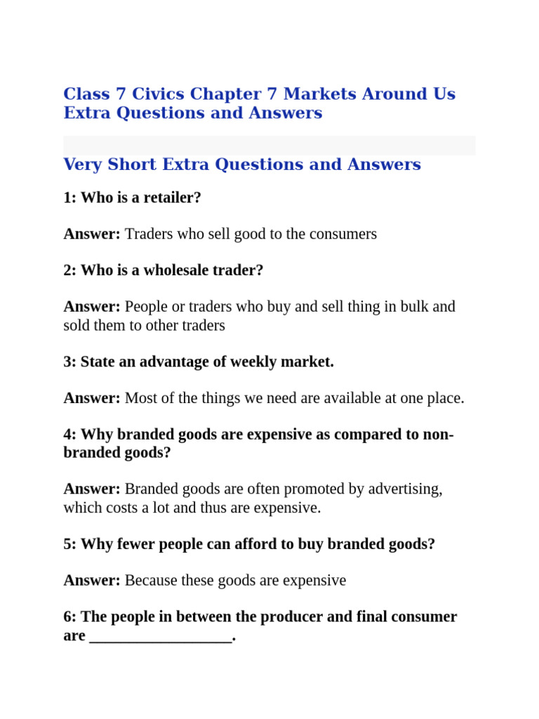 Class 7 Civics: Markets Around Us Q&A | PDF | Goods | Retail