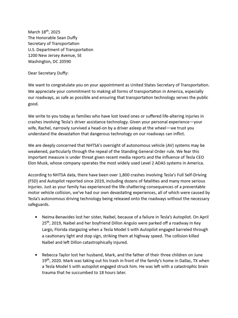 Tesla Victims Letter To Secretary of Transportatio | PDF | Elon Musk ...
