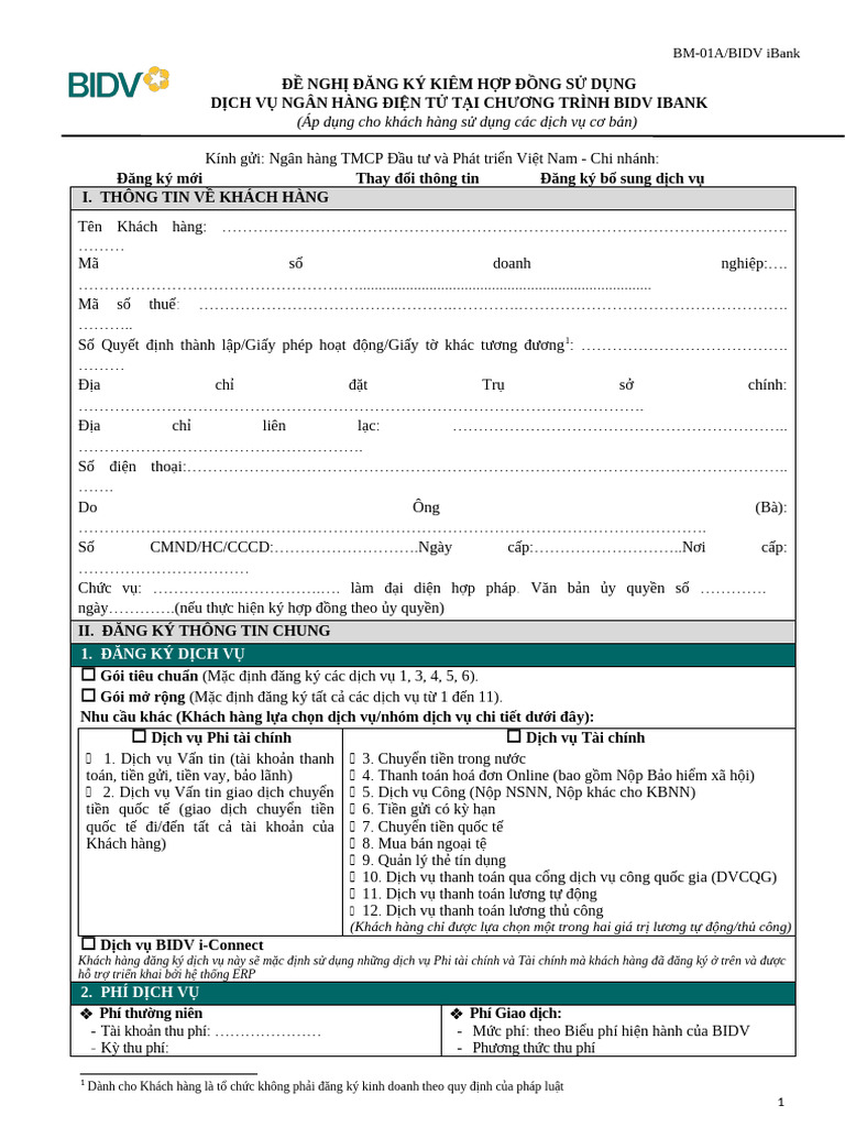 1 - BM 01A de Nghi Dang Ky Kiem HD Su Dung Dich Vu BIDV IBank (DV Co Ban) | PDF