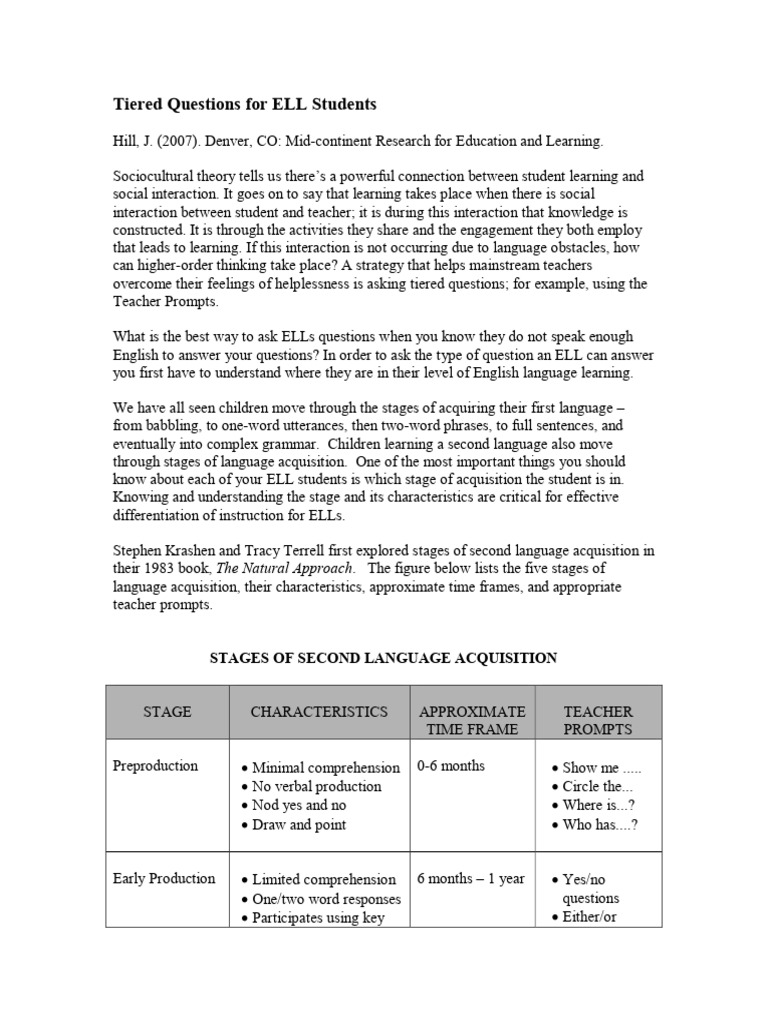 Tiered Questioning for ELL Instruction | PDF | Language Acquisition ...